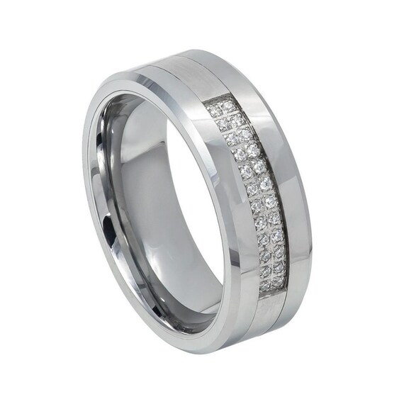 Diamond Tungsten Wedding Band 8mm Comfort Fit Tungsten Ring Diamond Simulant Ring