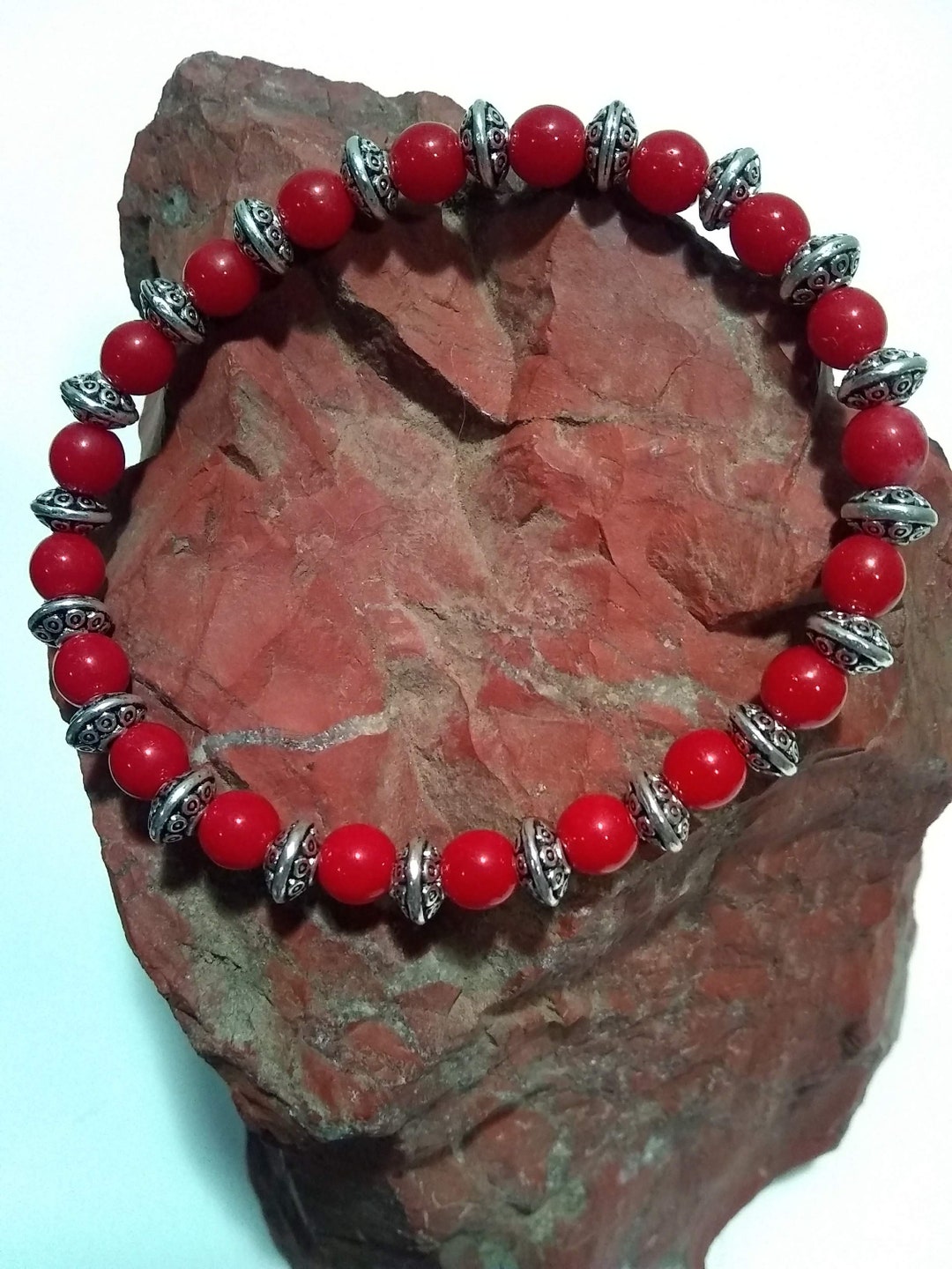 RED GEMSTONE Bracelet/red Coral Bracelet/red and Silver Bracelet/red ...