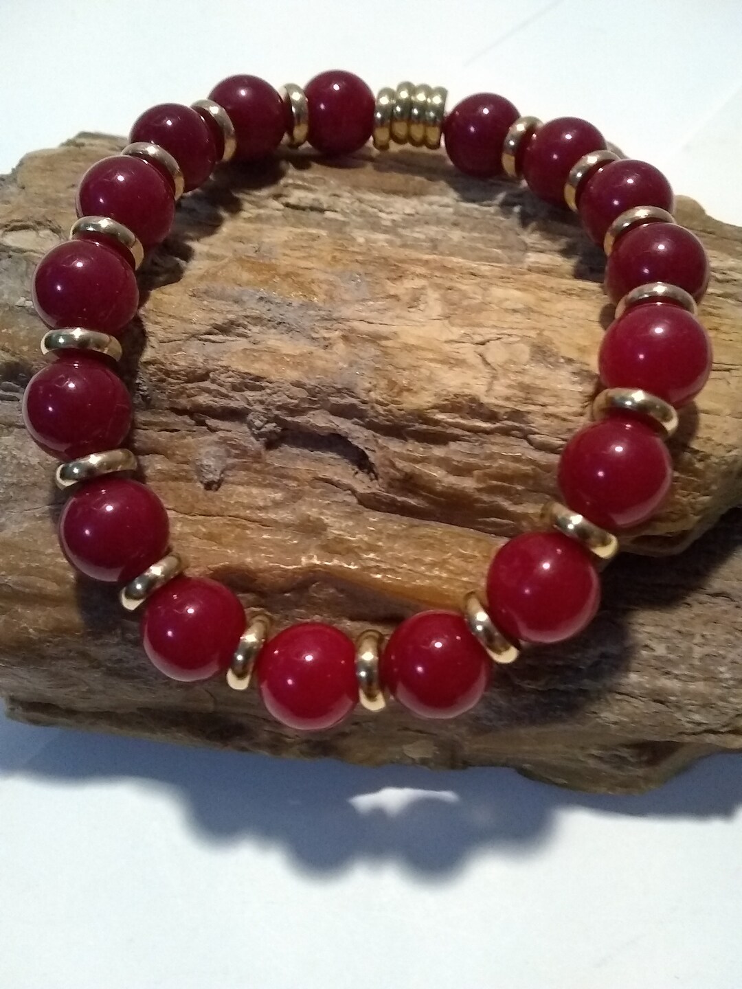 MEN'S RED JADE Beaded Bracelet/tibetan Gold Accent Beads/ Deep Red ...