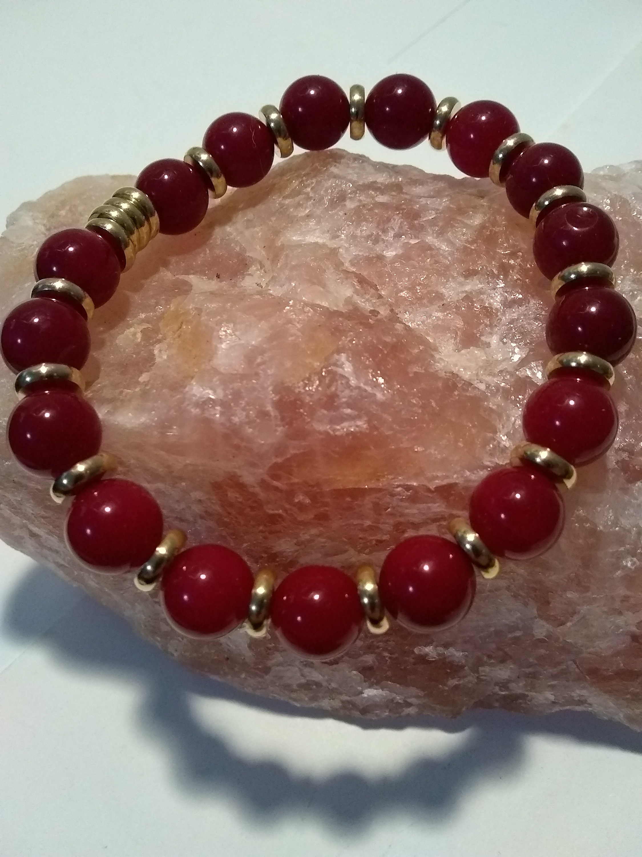 MEN'S RED JADE Beaded Bracelet/tibetan Gold Accent Beads/ Deep Red ...