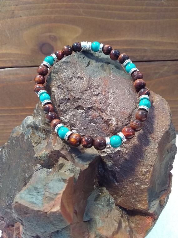 Red Tiger Eye and Turquoise Unique Stone Bracelet Etsy Canada