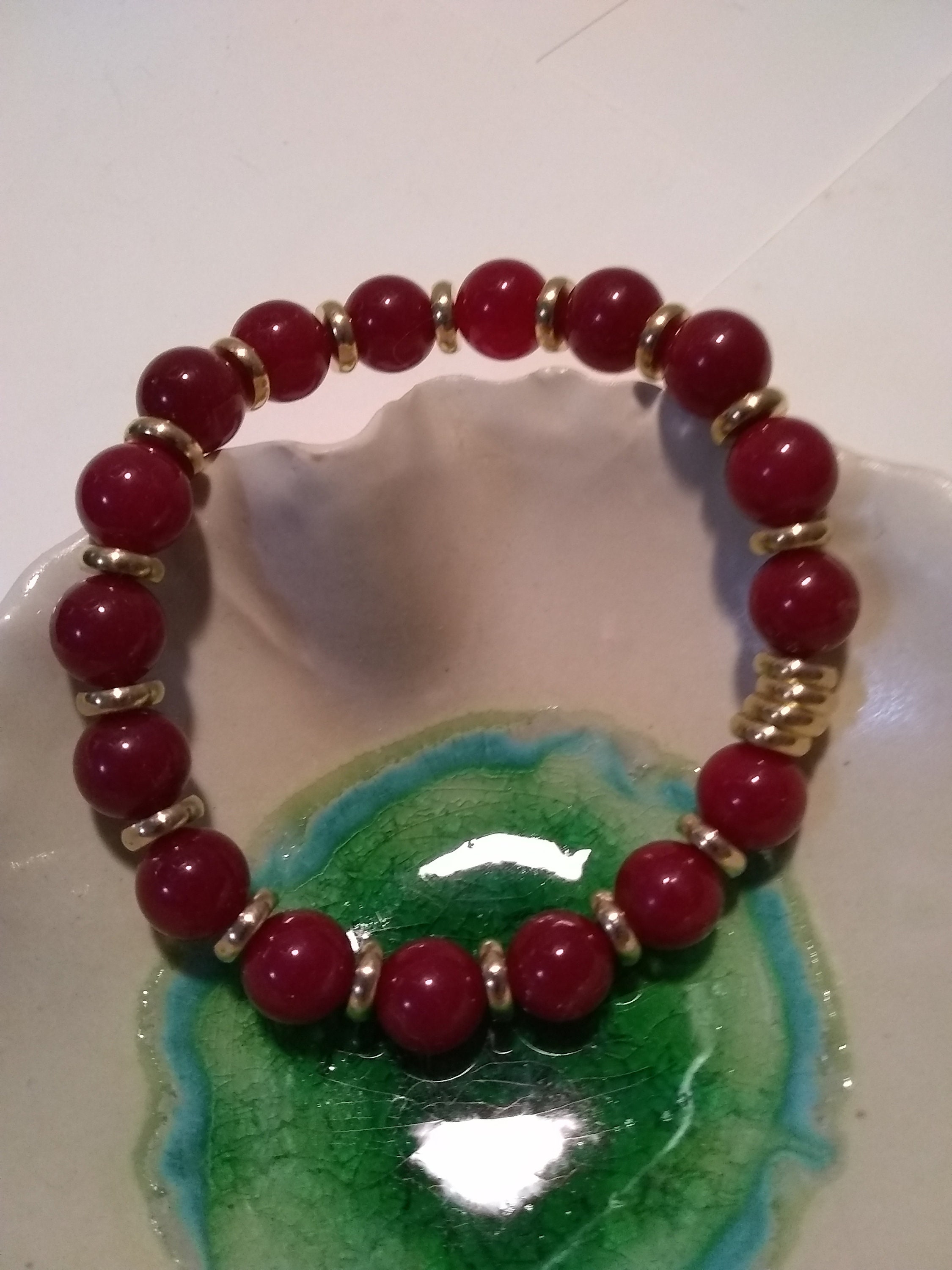 MEN'S RED JADE Beaded Bracelet/tibetan Gold Accent Beads/ Deep Red ...