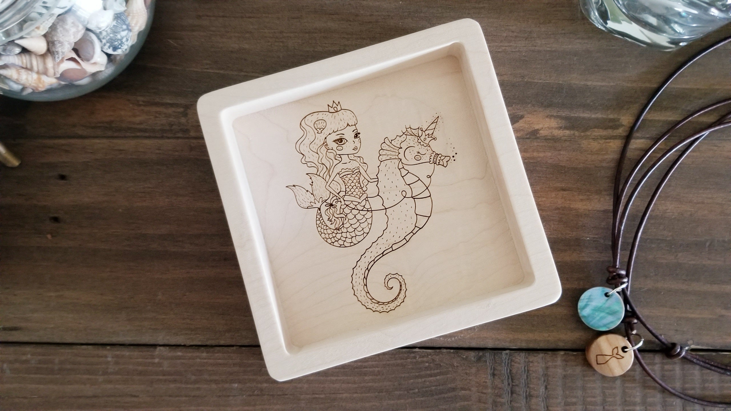 Mermaid and Seahorse Tray Solid Hardwood Catch-all Can Be Art Chunky or ...