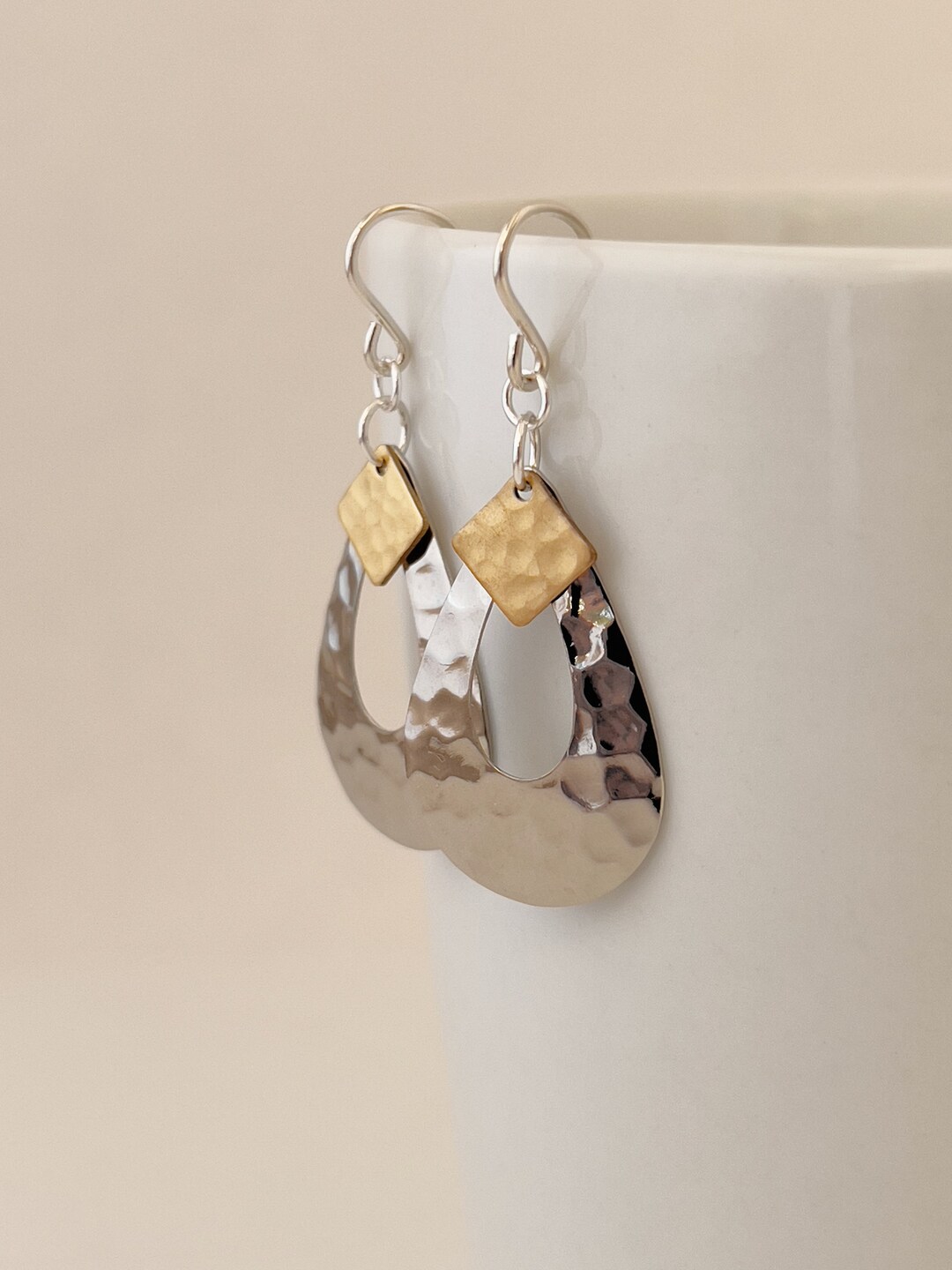 Hammered Brass and Silver Earrings, Sterling Silver Ear Wire, Hammered ...