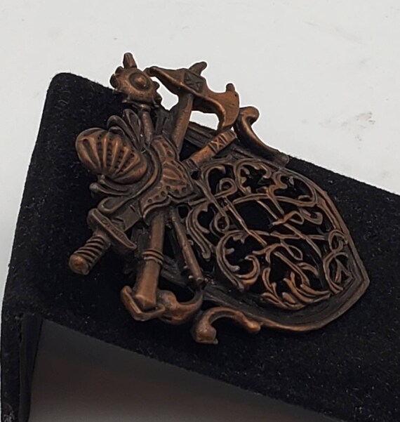 Vintage Copper Heraldic Medieval Weaponry Brooch - Gem
