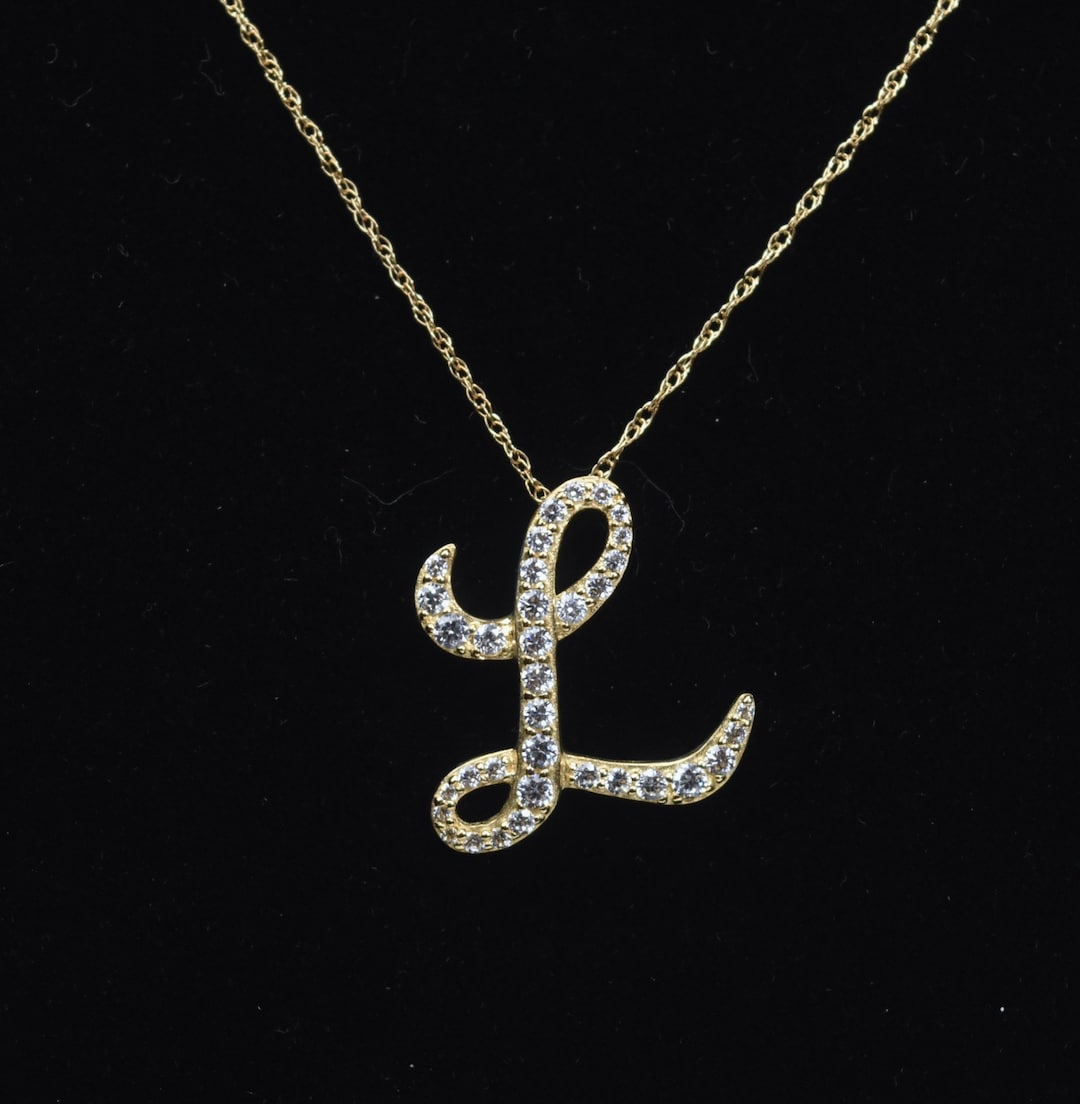 14k Gold Cubic Zirconia Cursive "l" Pendant on 14k Gold Chain Necklace ...