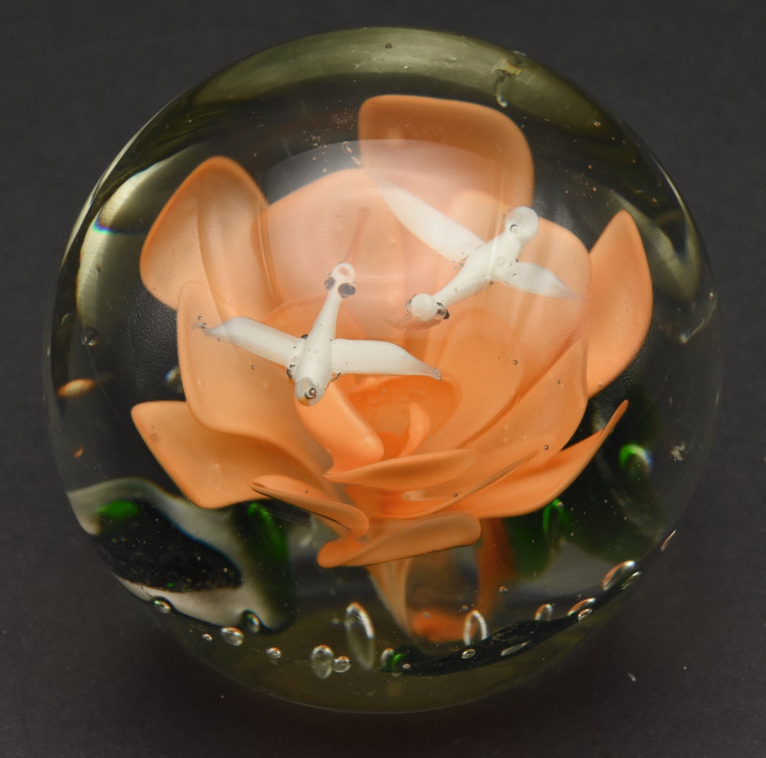 Vintage Orange Flower With Flying Birds Encased Glass Paperweight - Etsy