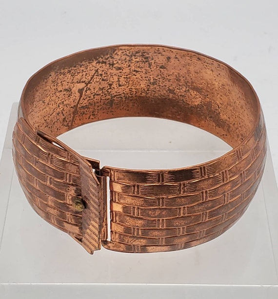 Vintage Copper Basket Weave Belt Buckle Cuff Bracelet - Gem