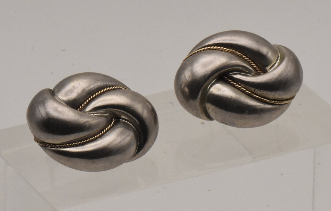 Vintage Sterling Silver and 14K Gold Knot Omega Back Earrings - READ ...