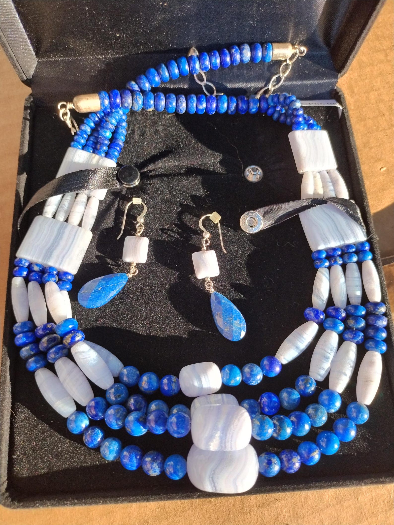 Jay King DTR Mine Finds Lapis Blue Lace Agate Statement Necklace Earring Set 925 Sterling Silver ...