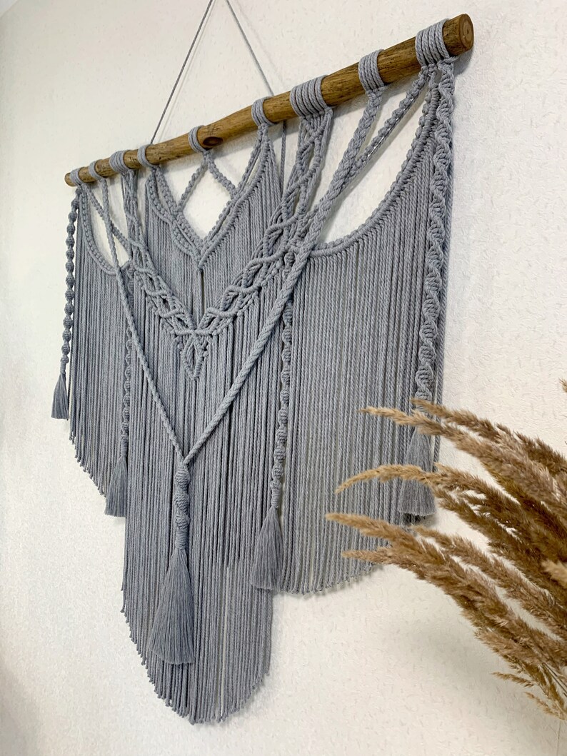 Large Gray Macrame Wall Hanging With Tassels, Gray Macrame, Boho Wall Decor, Macrame Decor ...