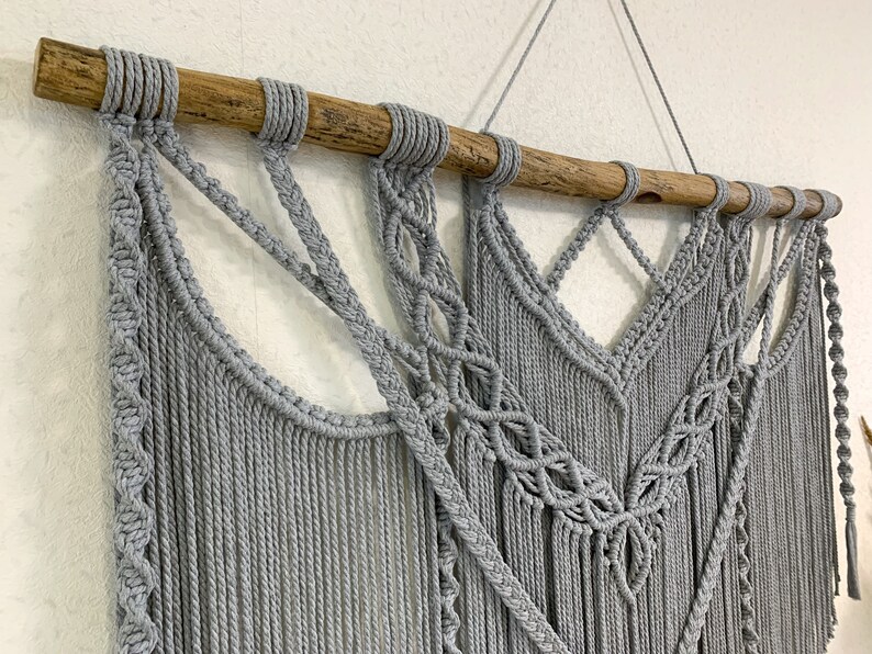 Large Gray Macrame Wall Hanging With Tassels, Gray Macrame, Boho Wall Decor, Macrame Decor ...