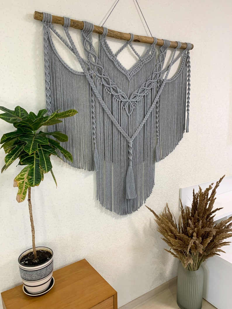 Large Gray Macrame Wall Hanging With Tassels, Gray Macrame, Boho Wall Decor, Macrame Decor ...