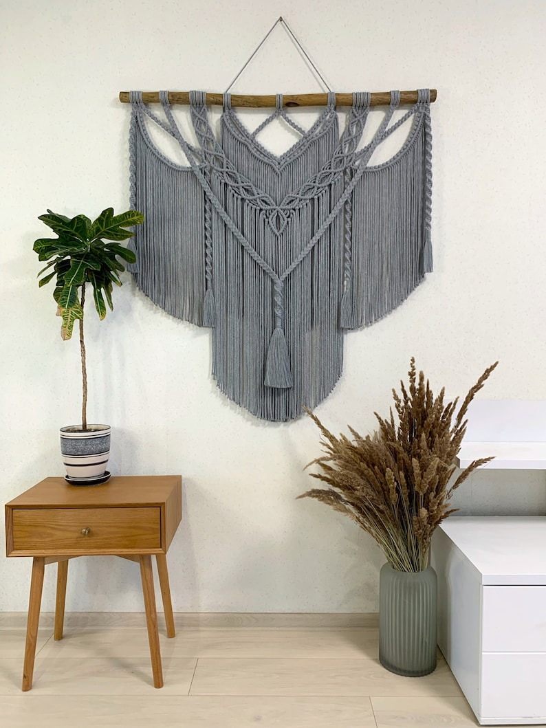 Large Gray Macrame Wall Hanging With Tassels Gray Macrame - Etsy
