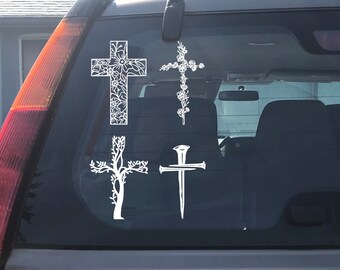 Filigree Cross Vinyl Decal With Cross and Crown Sticker - Etsy