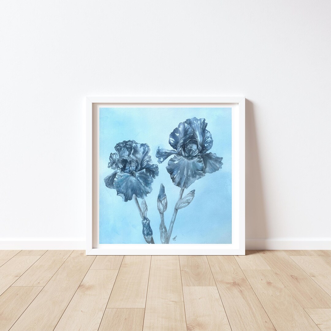 Original Watercolor Painting of Blue Iris in Modern Botanical Style on ...