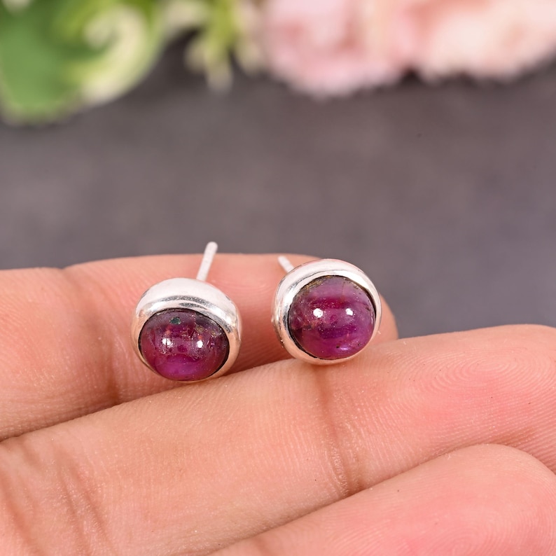 Ruby Cabochon Sterling Silver Earrings, Handmade Gemstone Jewelry, Star ...