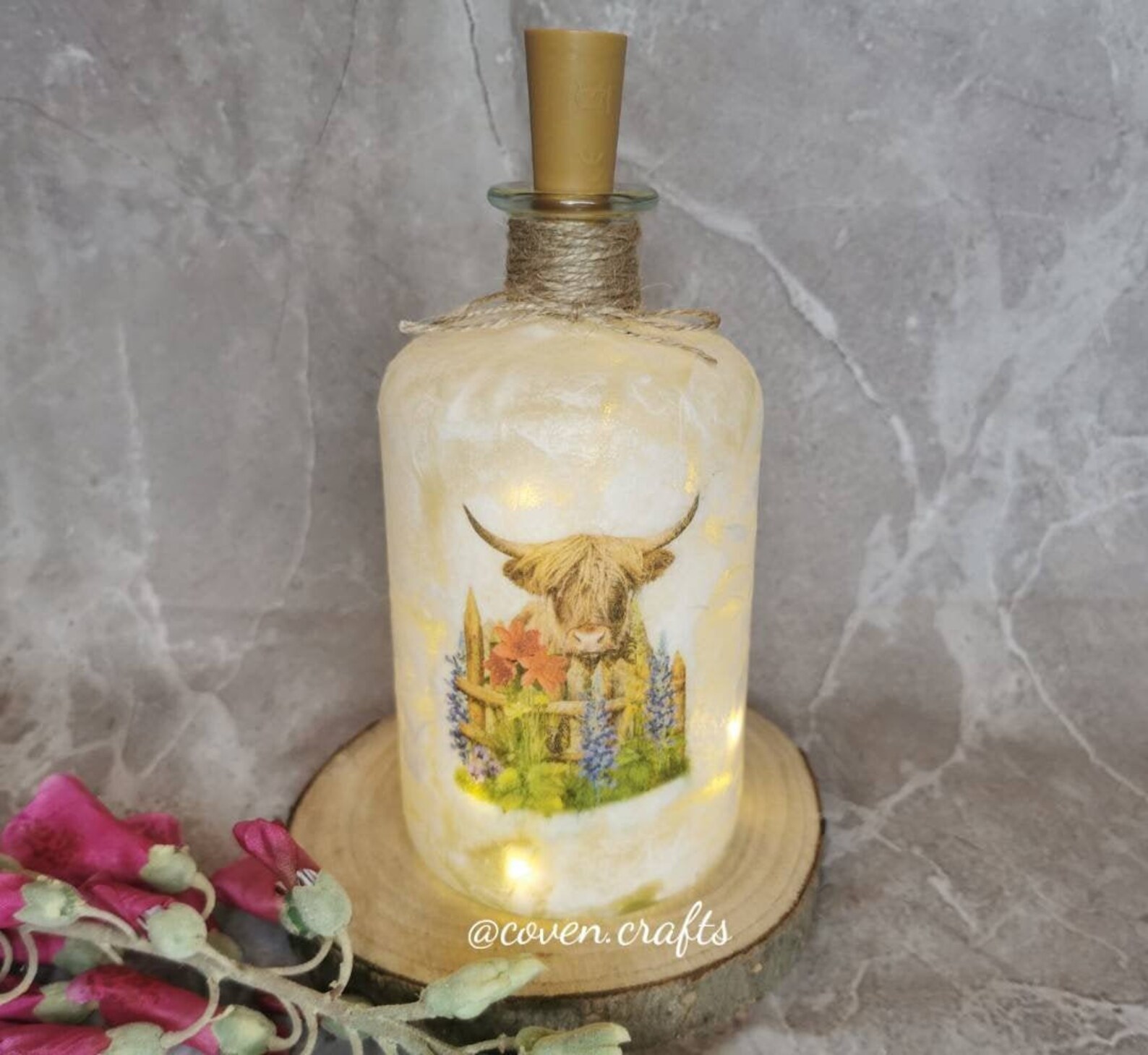 Highland cow light bottle handmade gift florals | Etsy