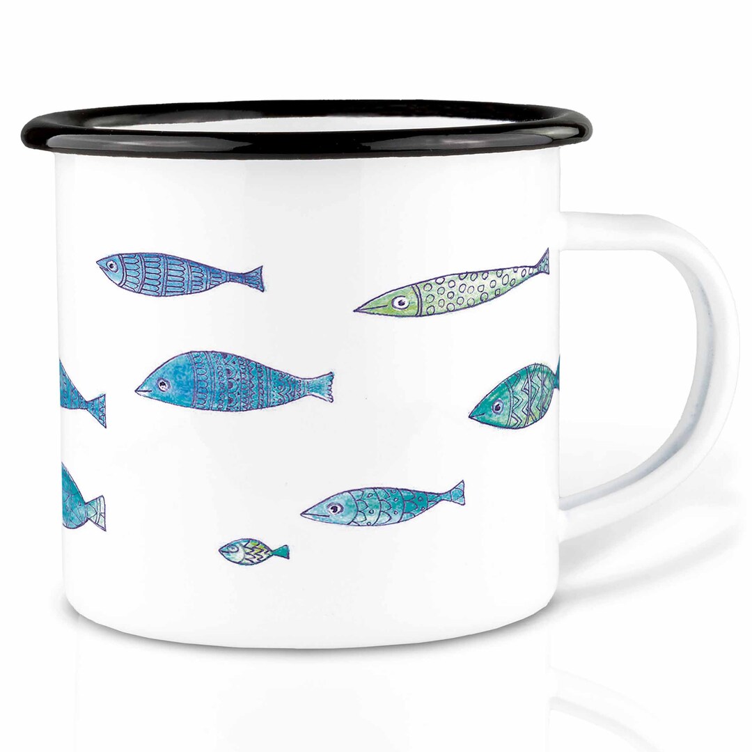 Emaille Tasse (leicht & robust) | »Fischschwarm« I Camping Becher ...