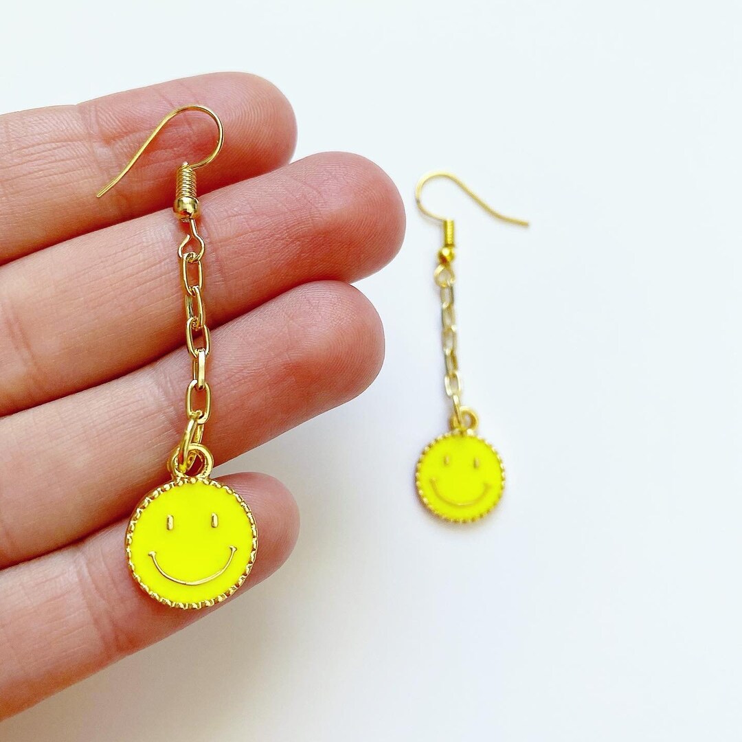 Smiley Face Dangle Earrings: Neon Yellow Resin, Gold Chain - Etsy
