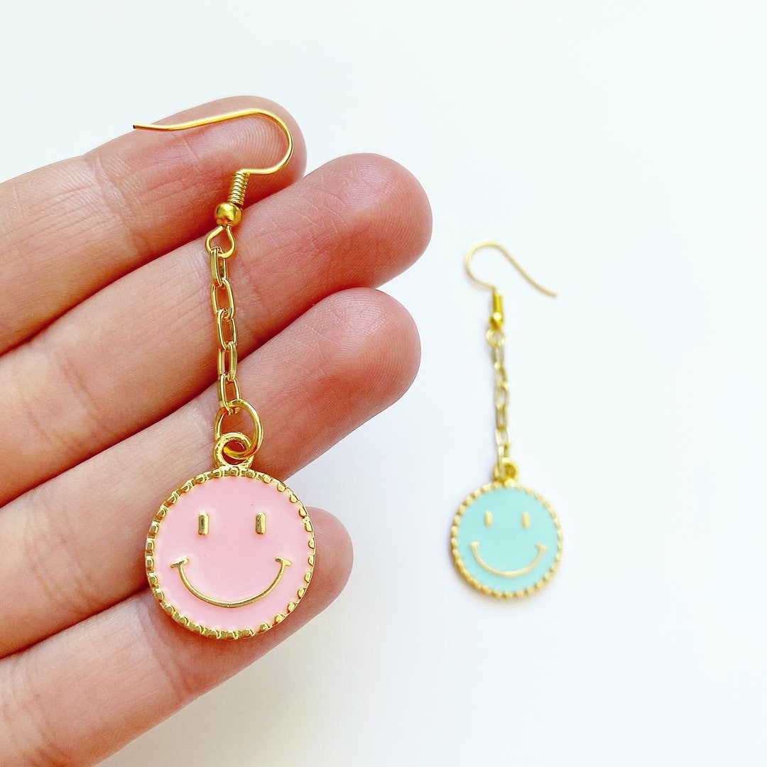 Smiley Face Earrings Yellow Blue Pink Neon Emotion Happy Fun 90's Smile ...