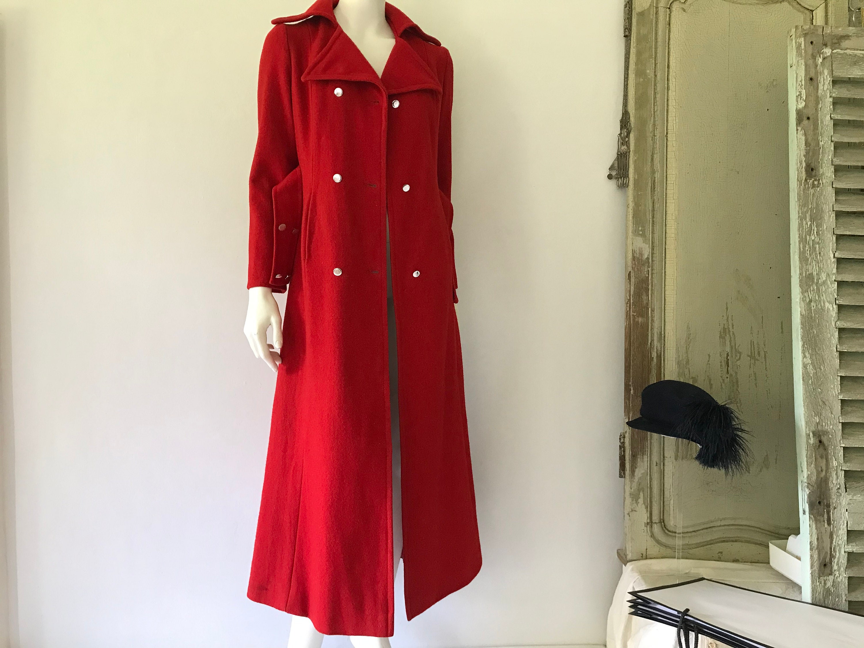 1970s Scarlet Wool Maxi Coat/1970s Full Length Wool Coat/1970s Military ...