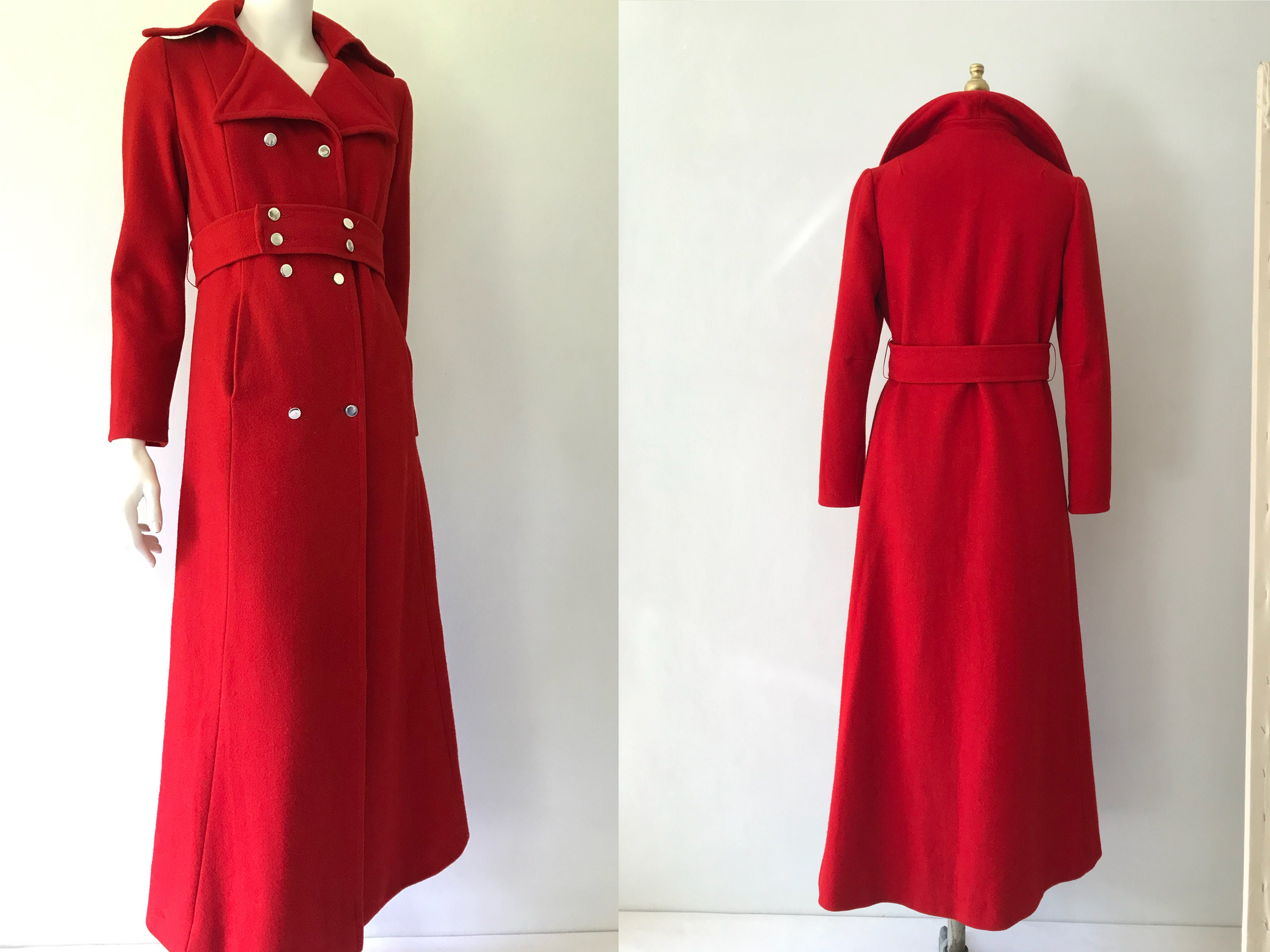 1970s Scarlet Wool Maxi Coat/1970s Full Length Wool Coat/1970s Military ...