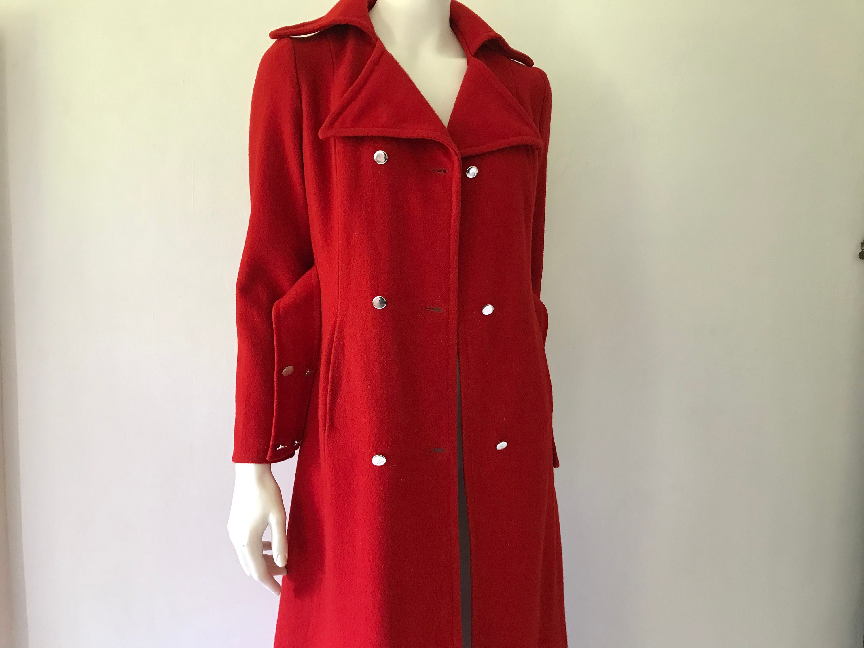 1970s Scarlet Wool Maxi Coat/1970s Full Length Wool Coat/1970s Military ...