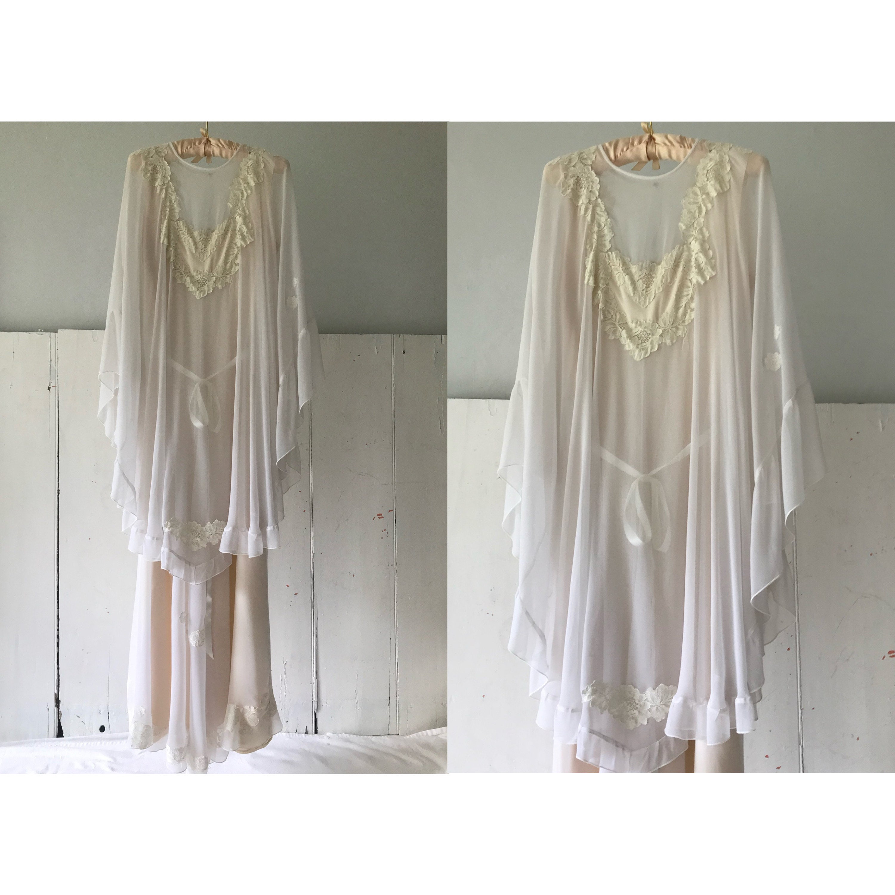 Vintage 1970s Lace Trimmed Gown With Angel Sleeves/ Angel Sleeve Dress ...