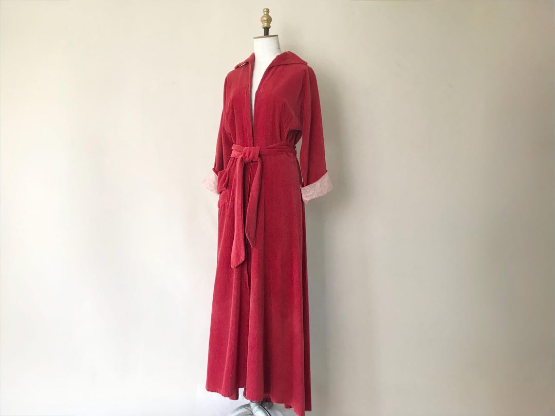 Vintage 1940s Cherry Red Hostess Gown, 1940s Corded Velvet Zip Front ...