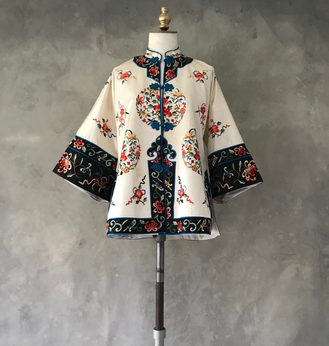 Vintage Chinese Embroidered Jacket/ Cream Silk Kimono Jacket/ Vintage ...
