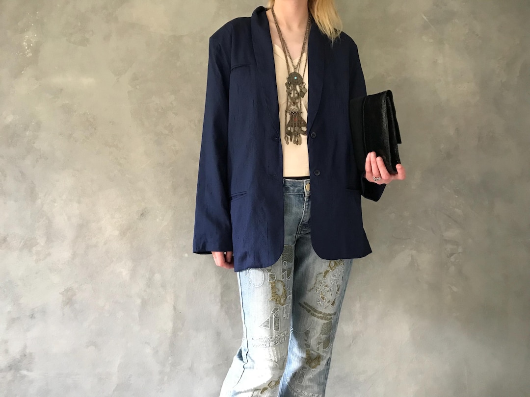 Vintage Blue Silk Jacket/vintage Silk Boyfriend Jacket/vintage ...