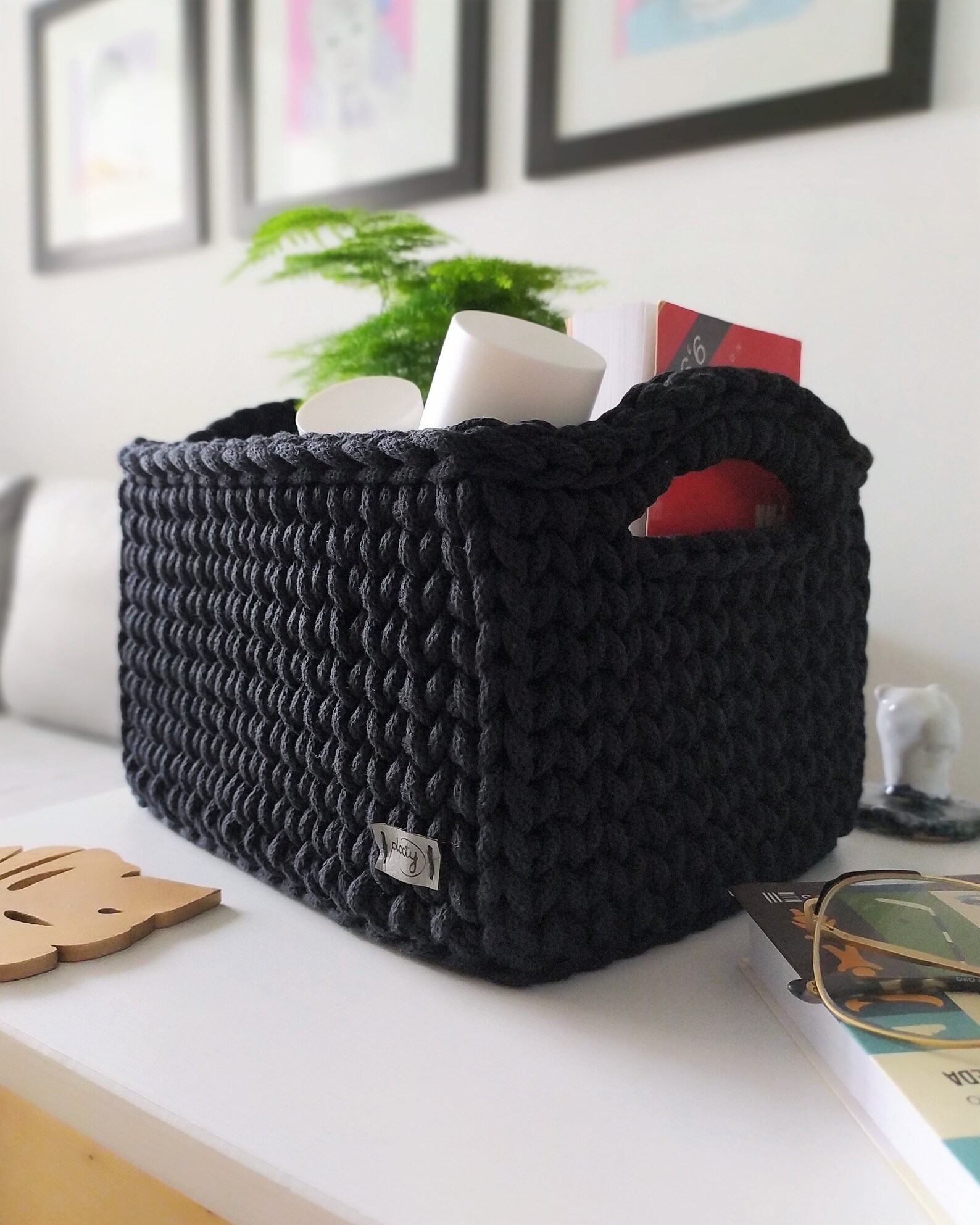 Cotton Basket Rectangular Basket With Handles Black Basket - Etsy