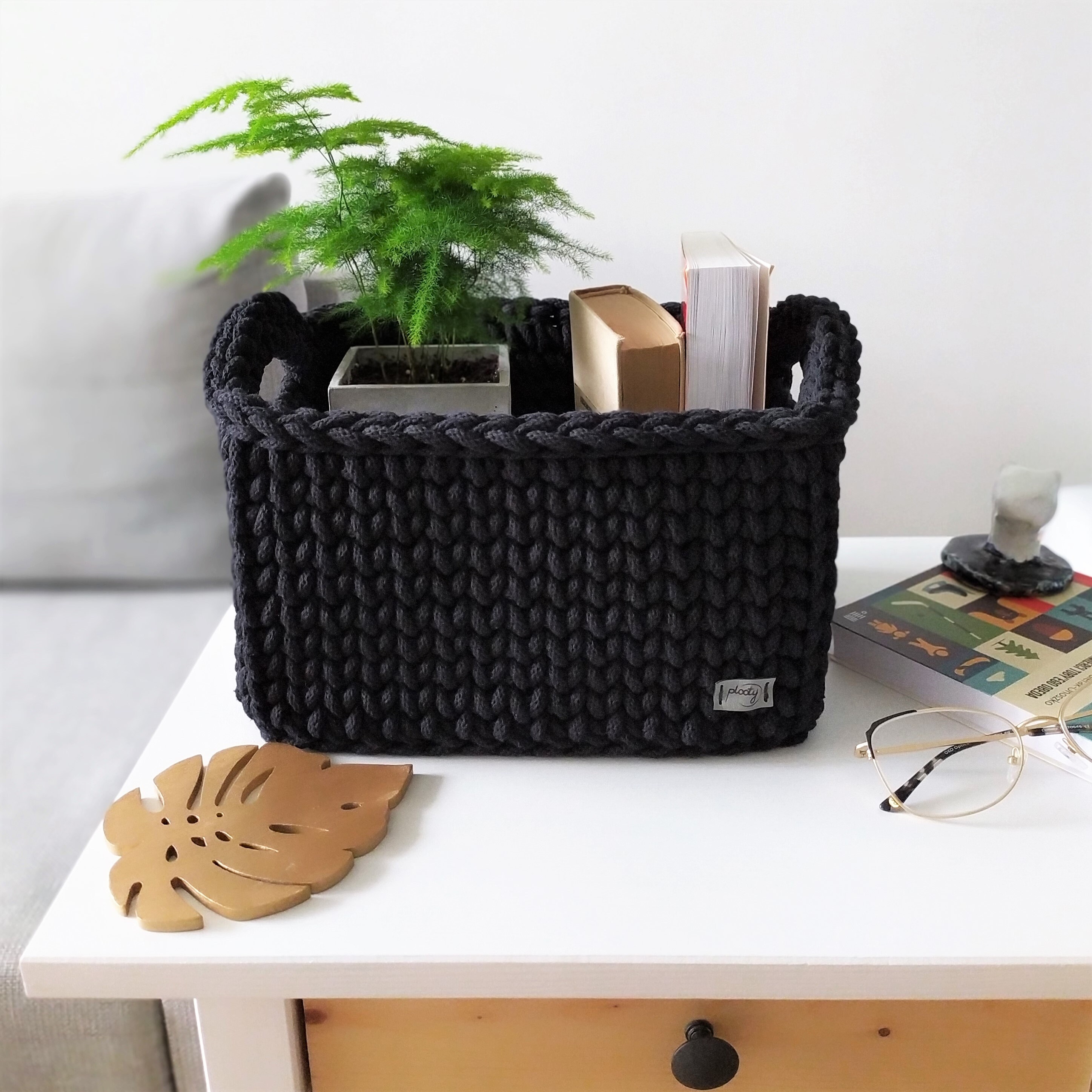 Cotton Basket Rectangular Basket With Handles Black Basket - Etsy
