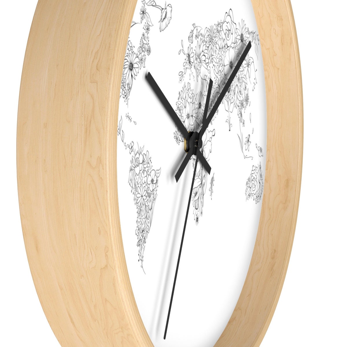 World Wall Clock, Floral World Map Wall Clock, Floral World Map, World ...