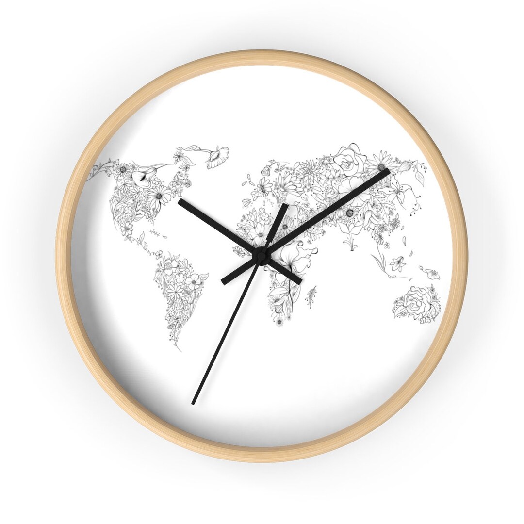 World Wall Clock, Floral World Map Wall Clock, Floral World Map, World ...