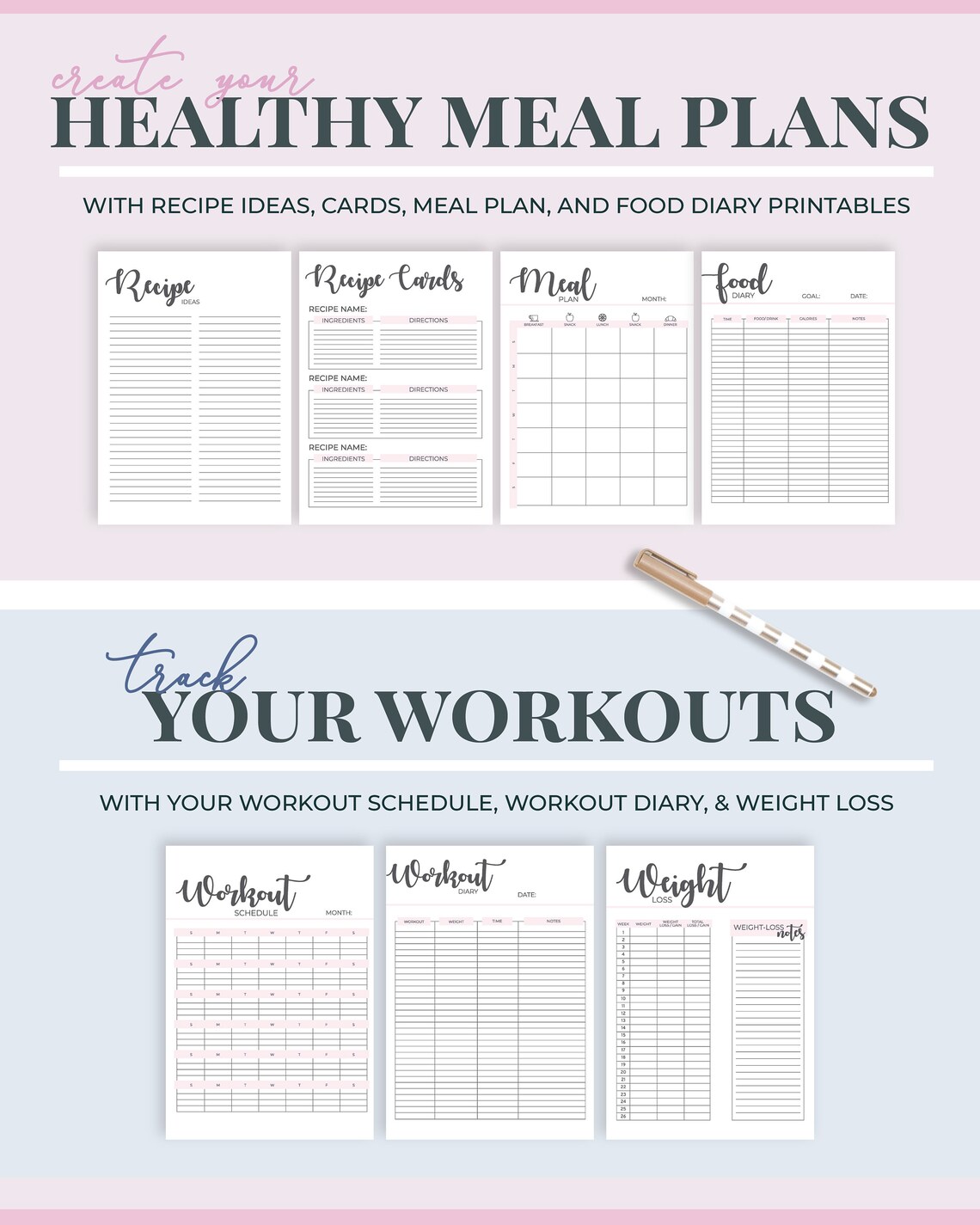 Pink Health and Fitness Planner Printable Workout Exercise Schedule ...