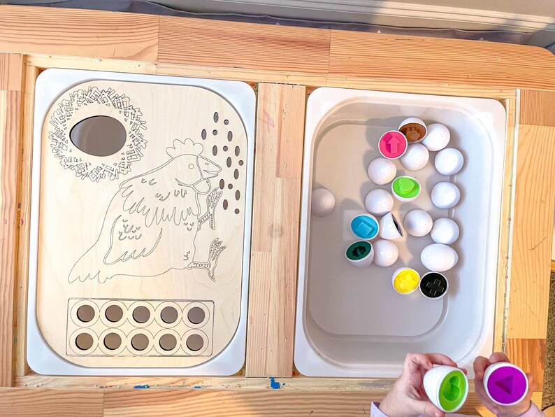 Chicken & Egg Sorting Insert: IKEA FLISAT Sensory Bin - Wooden Insert ...