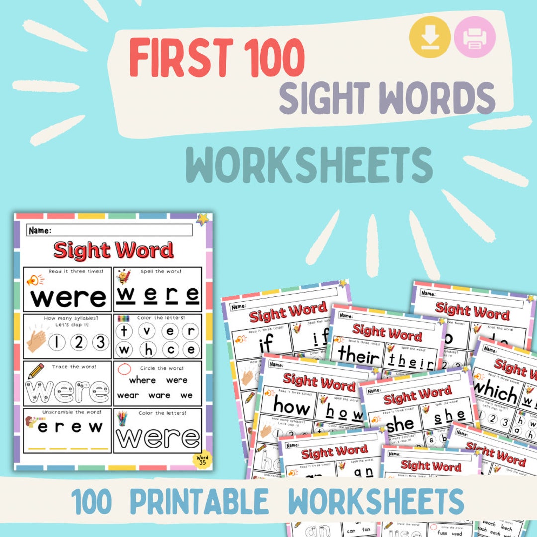 100 Sight Words Printable Worksheet: Preschool & Kindergarten Learning ...