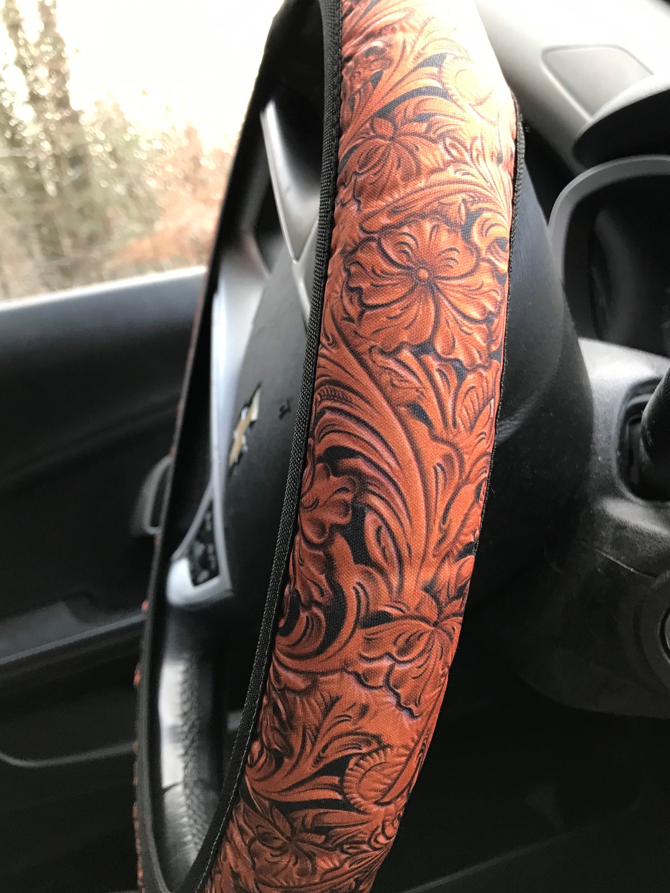 Dark Tooled Leather Design Steering Wheel Cover sold by Brandon Hill ...
