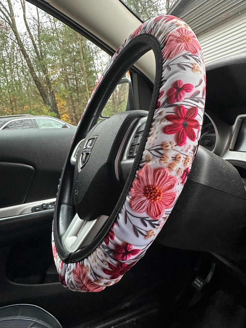Faux Embroidered Red & Peach Flowers Steering Wheel Cover - Etsy