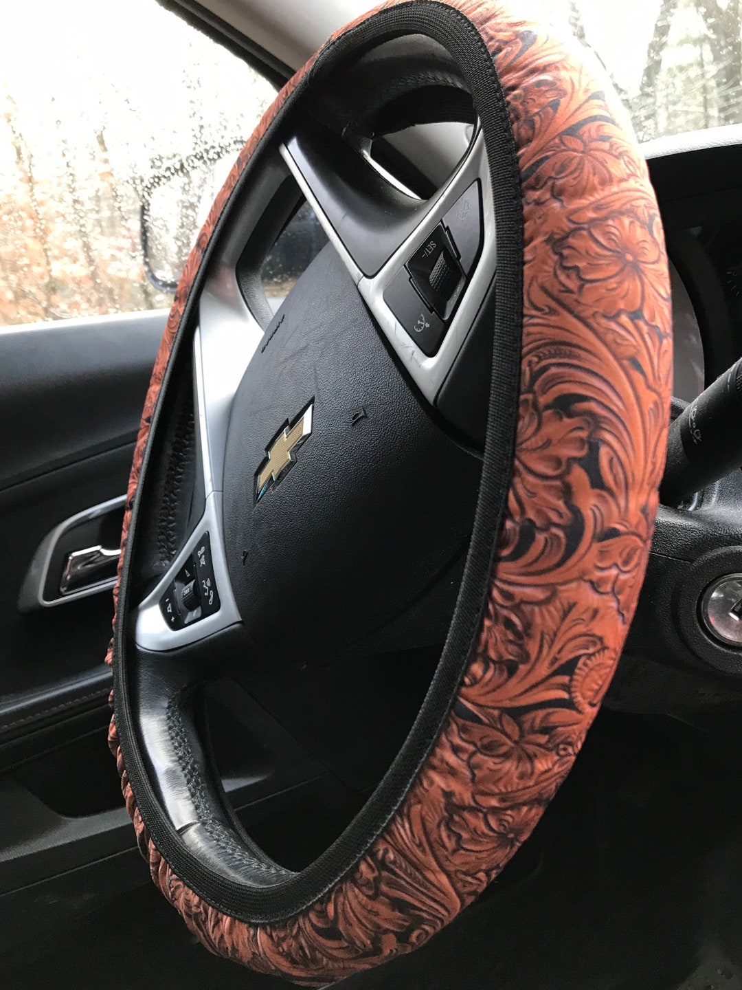 Dark Tooled Leather Design Steering Wheel Cover - Etsy