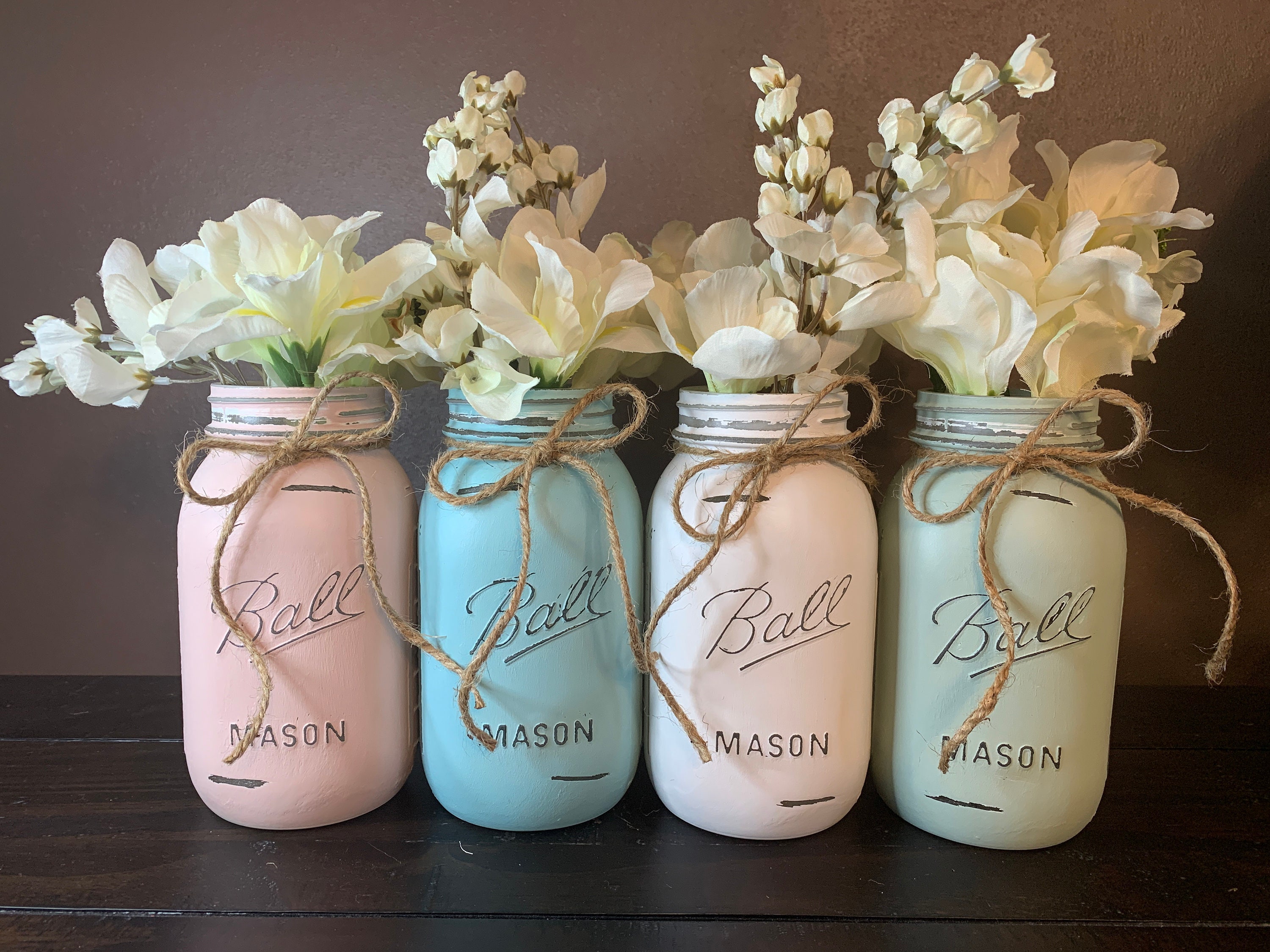 Set of 4 Painted and Distressed Mason Jars. Rustic Farmhouse | Etsy