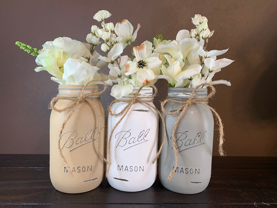 Set of 3 Painted and Distressed Mason Jars. Rustic, Vintage, Farmhouse ...