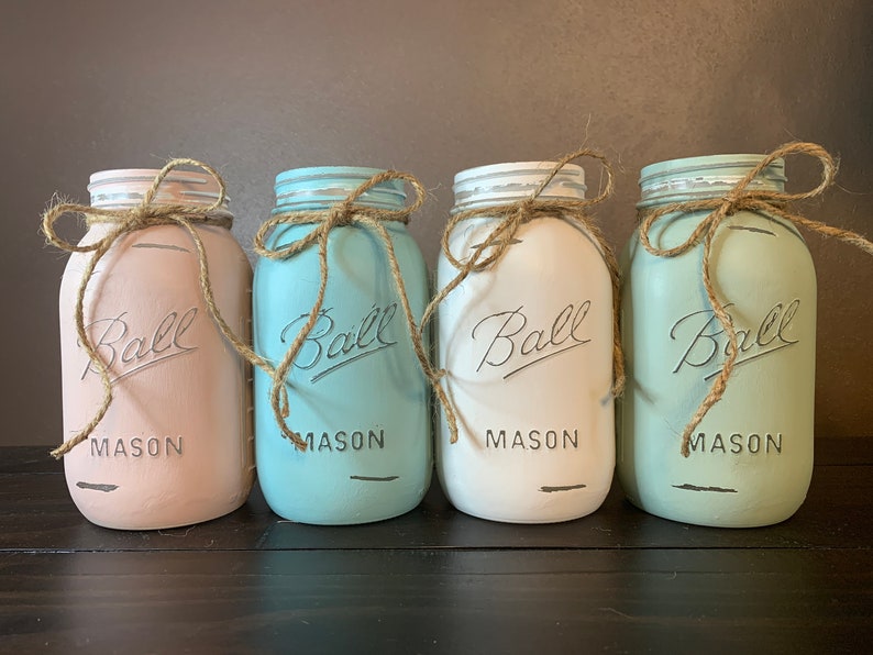 Set of 4 Painted and Distressed Mason Jars. Rustic Farmhouse - Etsy