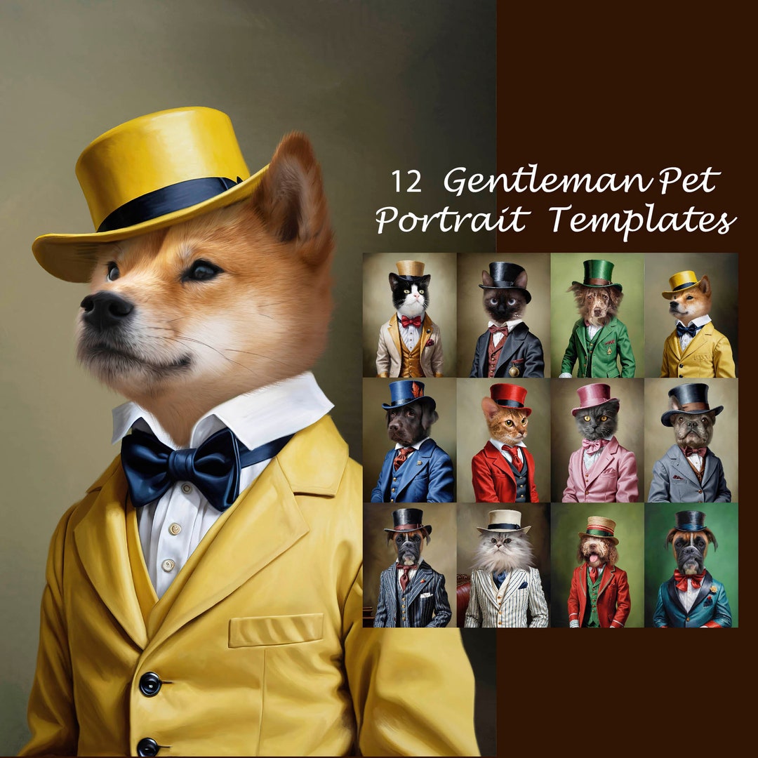 BUNDLE 12 Pet Portrait Template, Gentleman Pet, Fashion Animal Portrait ...