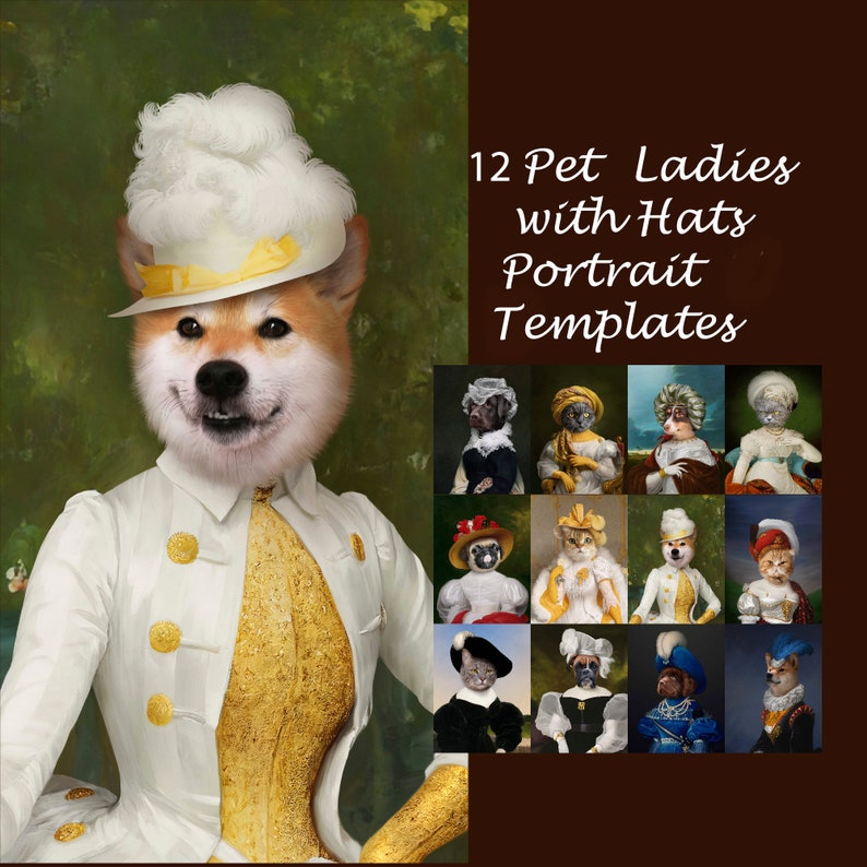 Pet Portrait Templates: 12 Vintage Animal Ladies With Hats (JPG) - Etsy