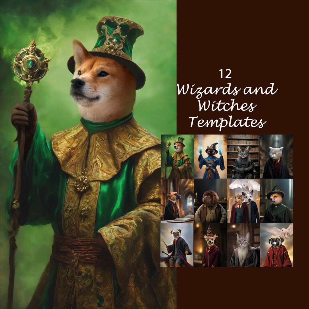 BUNDLE 12 Wizards and Witches Pet Portrait Templates, Animal Costume ...