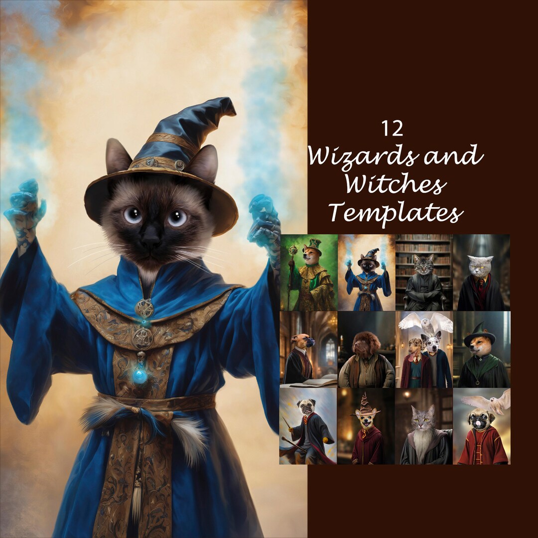 BUNDLE -12- Wizards and Witches Pet Portrait Templates, Animal Costume ...
