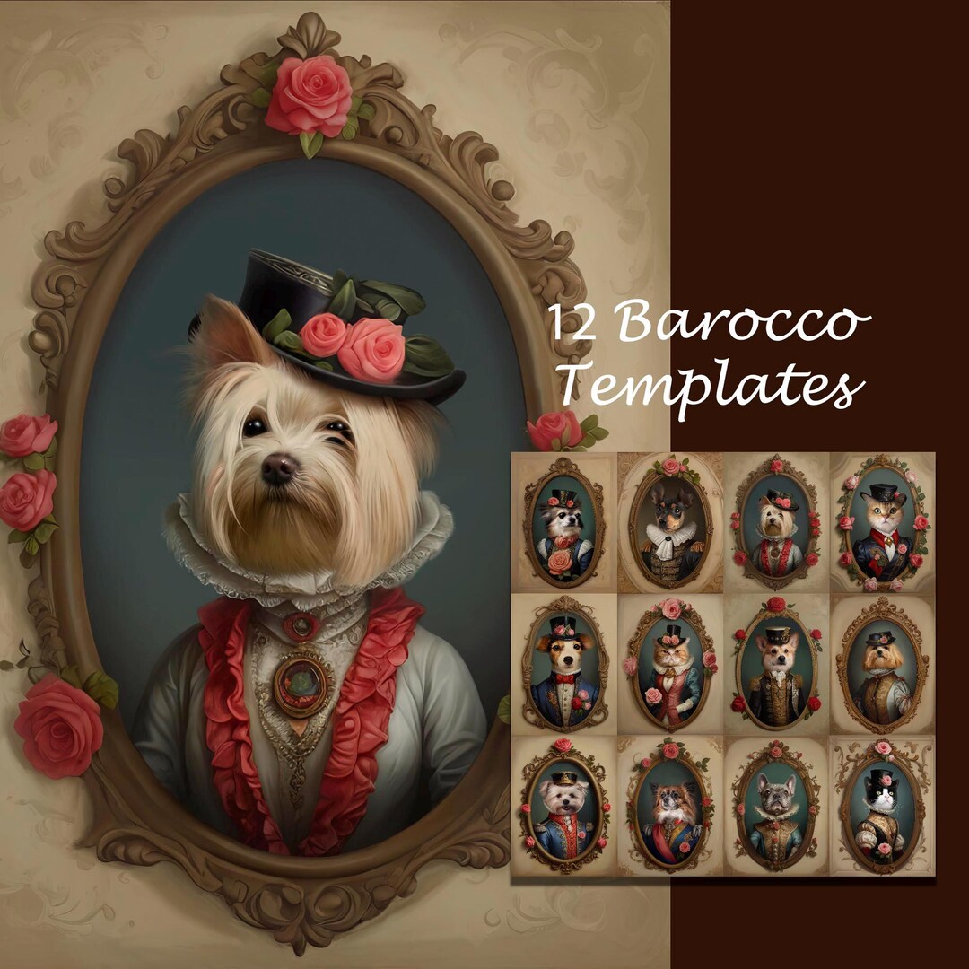 BUNDLE -12- Baroque Pet Portrait Templates, Vintage Pet Template Animal ...